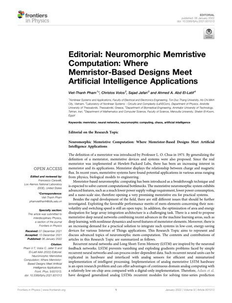 Pdf Editorial Neuromorphic Memristive Computation Where Memristor Based Designs Meet