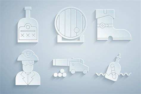 대포 가죽 해적 부츠 해적 선장 병 메시지 물 나무 배럴과 알코올 음료 럼 병 아이콘캐논을 설정합니다 벡터 3차원 형태에 대한 스톡 벡터 아트 및 기타 이미지 Istock