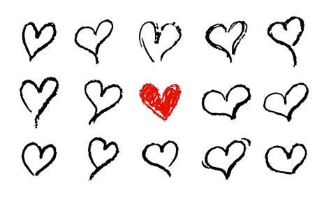 스케치 하트 분필 스타일 세트 벡터 일러스트 레이 션 검정과 빨강 하트는 마커 또는 페인트 스트로크 스타일의 실루엣을 형성합니다 크레용 또는 왁스 연필 드로잉 낙서 요소