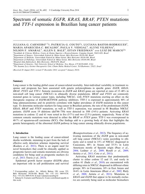 Pdf Spectrum Of Somatic Egfr Kras Braf Pten Mutations And Ttf 1 Expression In Brazilian
