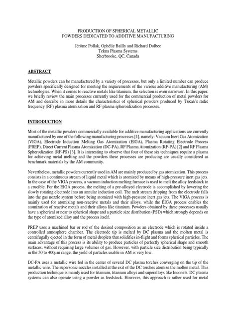 Spherical Metallic Powders For Additive Manufacturing A Comparison Of Radio Frequency Plasma