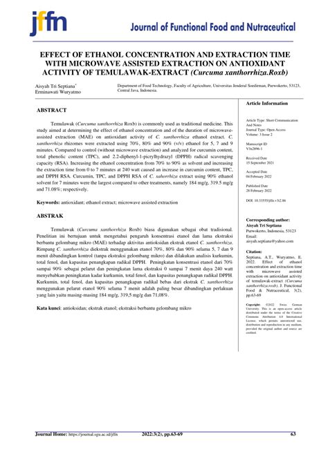 Pdf Effect Of Ethanol Concentration And Extraction Time With