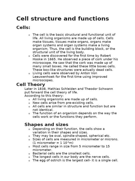 Cell Structure And Functions Class 8 Notes Pdf Cell Biology