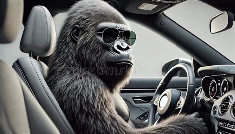 Gorilla Wearing Sunglasses Driving A Luxury Car Stock Illustration