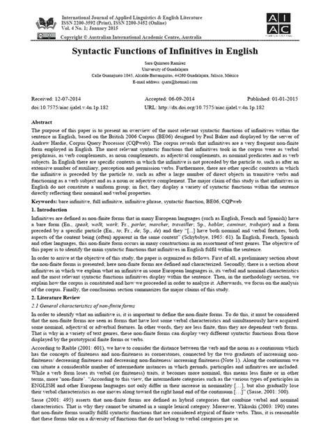 Syntactic Functions Of Infinitives In En Pdf Verb Adjective