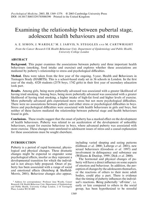 Pdf Examining The Relationship Between Pubertal Stage Adolescent