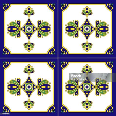 타일 바닥 아줄레호스 포르투갈 타일 패턴 매끄러운 벡터 블루 노란색 녹색과 흰색 색상 포르투갈 전통 장식 0명에 대한 스톡 벡터