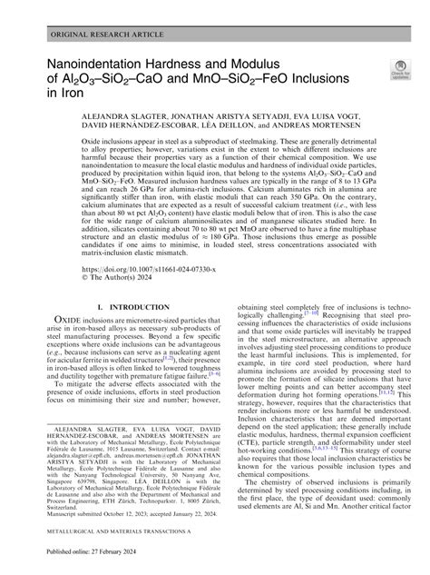 Pdf Nanoindentation Hardness And Modulus Of Al2o3 Sio2 Cao And Mno Sio2 Feo Inclusions In Iron