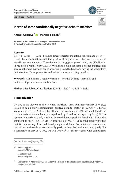 Pdf Inertia Of Some Conditionally Negative Definite Matrices