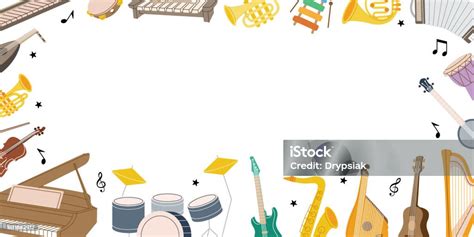 가로 배너에 있는 악기들 뮤지컬 학교 디자인을 위한 벡터 그림입니다 튜바 트럼펫 드럼 플루트 류트 바이올린 어쿠스틱 기타 0명에 대한 스톡 벡터 아트 및 기타 이미지