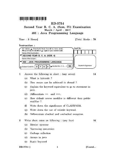 Second Year B C A Sem Iv Examination March April 2017 403 Java