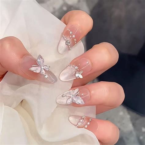 Elegant 3d Butterfly Press On Nails Pearl White Glitter Bridal Nails