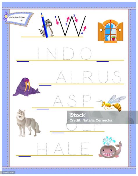 영어 알파벳 공부를 위한 추적 문자 W 아이들을 위한 워크시트 논리 퍼즐 게임 유치원 교육 페이지 아이들의 쓰기와 읽기 능력을 개발합니다 벡터 만화 이미지입니다 0명에 대한