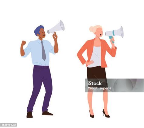 남자와 여자 인플 루 언서 비즈니스 만화 캐릭터 소리 소리 말하기 확성기로 발표 여자에 대한 스톡 벡터 아트 및 기타 이미지