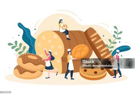 포스터 일러스트레이션을 위해 평평한 배경에서 구운 백빵 페이스트리 등 다양한 종류의 빵을 판매하는 베이커리 숍 건강한 생활방식에 대한 스톡 벡터 아트 및 기타 이미지