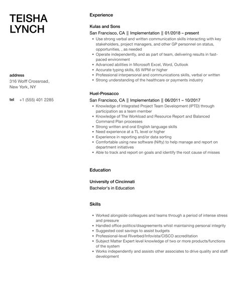 Implementation Resume Samples Velvet Jobs