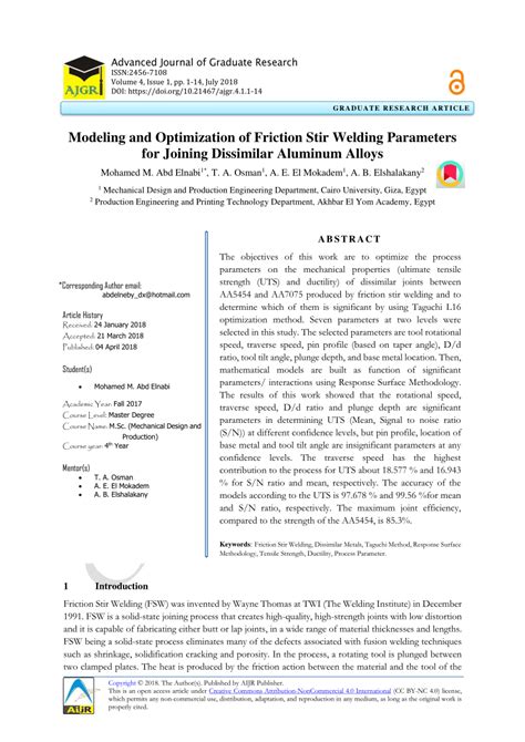 Pdf Modeling And Optimization Of Friction Stir Welding Parameters For Joining Dissimilar