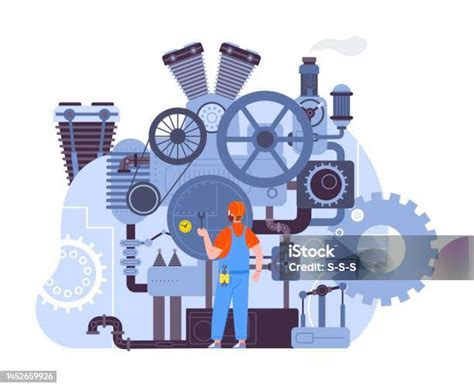 레트로 기계 조립 증기 에너지 기계 골동품 산업 공장 워크플로 역사 시간 장치 제조 밸브 깔때기 파이프 화려한 벡터 일러스트레이션을 조립하는 남자 엔진에 대한 스톡 벡터