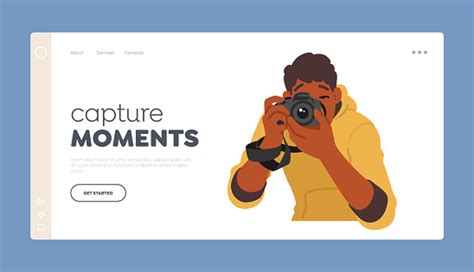 순간 포착 랜딩 페이지 템플릿입니다 젊은 남자 캐릭터는 카메라로 순간을 포착하고 여행을 기록합니다 개념에 대한 스톡 벡터 아트 및 기타 이미지 Istock