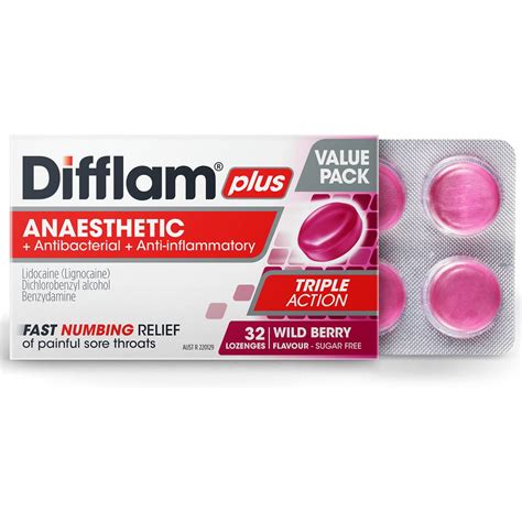 Difflam Plus Triple Action Wild Berry Flavour 32 Pack Woolworths
