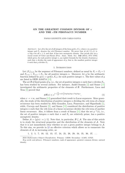 Pdf On The Greatest Common Divisor Of N And The Nth Fibonacci Number
