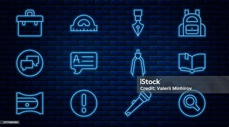 라인 설정 돋보기 열린 책 분수 펜촉 답변이있는 말풍선 채팅 서류 가방 드로잉 나침반 및 각도기 그리드 아이콘 벡터 Brand Name Online Messaging