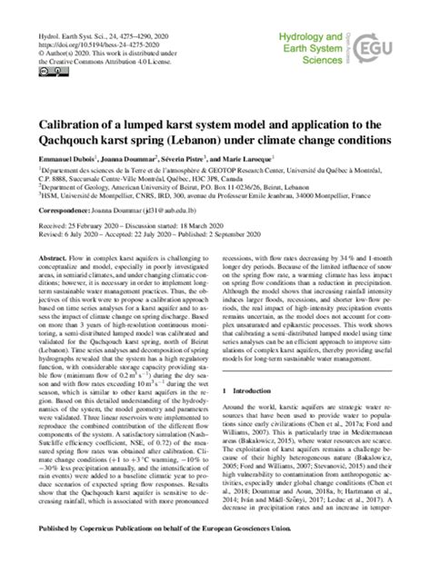 Pdf Calibration Of A Lumped Karst System Model And Application To The Qachqouch Karst Spring