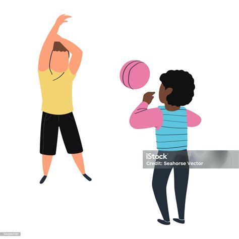 그리기 행복한 아이들 공을 재생 디자인 건강한 운동 선수 여름 스포츠 흰색에 고립 평면 스타일 벡터 일러스트 건강한 생활방식에 대한 스톡 벡터 아트 및 기타 이미지 Istock