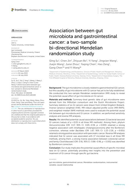 Pdf Association Between Gut Microbiota And Gastrointestinal Cancer A Two Sample Bi