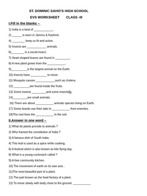 Worksheet Evs Class 3 Pdf