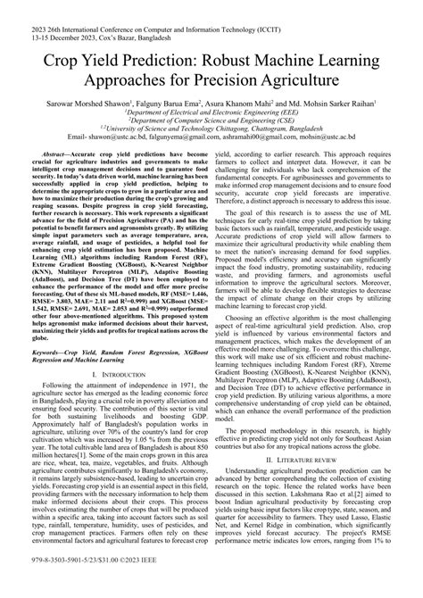 Pdf Crop Yield Prediction Robust Machine Learning Approaches For Precision Agriculture