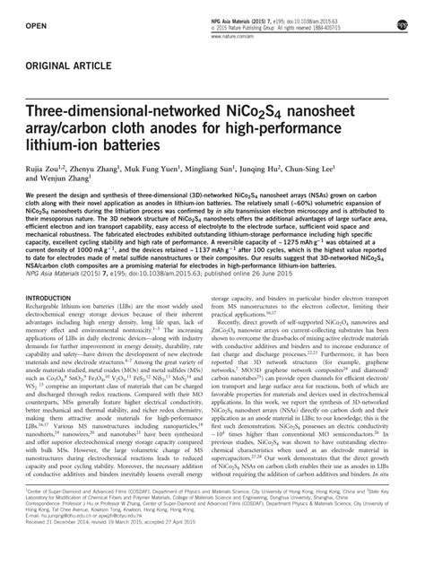 Pdf Three Dimensional Networked Nico2s4 Nanosheet Arraycarbon Cloth Anodes For High