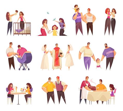 섹스 동성애 Lgbt 레즈비언 게이 양성애자 트랜스 젠더 가족 격리 된 낙서 스타일 만화 인간의 문자 벡터 일러스트 레이 션의 집합 무료 벡터