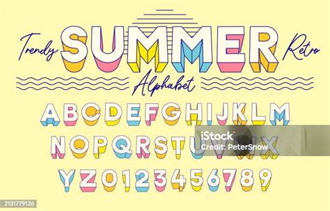 트렌디 한 여름 복고풍 3d 알파벳 효과 세트 블루 빈티지 윤곽선과 계절 디자인을위한 다채로운 파스텔 글꼴 서체 타이포그래피 컴퓨터 글자에 대한 스톡 벡터 아트 및 기타