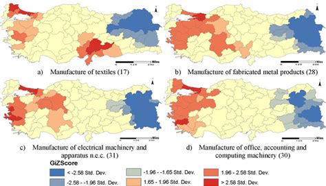 getis and ord s g i clustering maps of selected industries in 2009