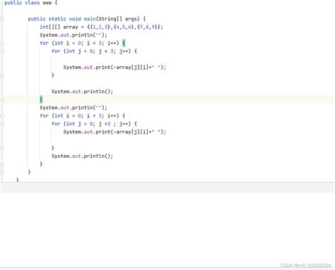 交换二维数组int[][] array {{1 2 3} {4 5 6} {7 8 9}} 的行列数据，打印出交换之前的数据和交换后的数据