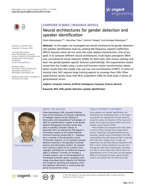 PDF Neural Architectures For Gender Detection And Speaker Identification