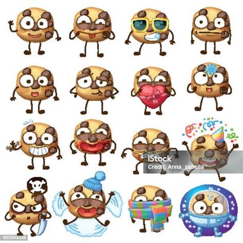 만화 재미 Choc 칩 쿠키 문자 벡터 일러스트입니다 귀여운 음식 얼굴 Emoji 아이콘 흰색 Backgound에 고립 만화 식품 이모티콘 얼굴입니다 2 설정 개체 그룹에