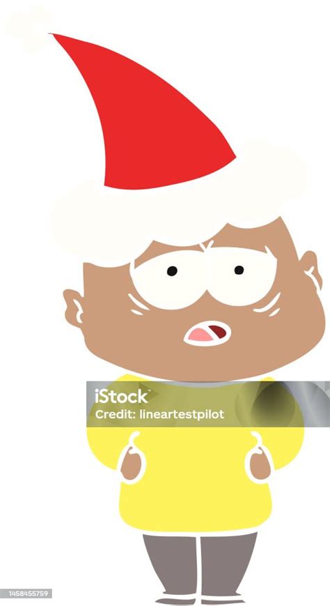 산타 모자를 쓰고 피곤한 대머리 남자의 손으로 그린 평면 컬러 그림 기진맥진에 대한 스톡 벡터 아트 및 기타 이미지 기진맥진 낙서 드로잉 남자 Istock