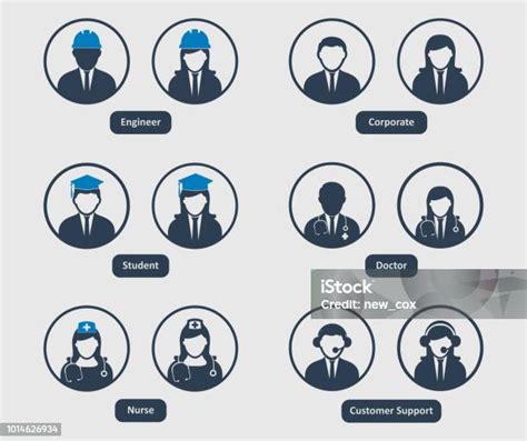 직업은 아바타 아이콘을 설정합니다 남성 또는 여성 캐릭터 기업 학생 의사 엔지니어 간호사 고객 지원 평면 간단한 벡터 일러스트입니다 0명에 대한 스톡 벡터 아트 및 기타