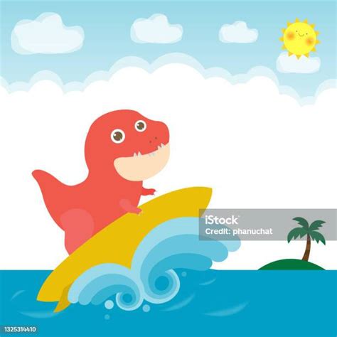 여름 시간 배너 템플릿과 바다에 서핑 보드와 귀여운 서퍼 공룡 캐릭터 문장 파도에 디노 서퍼 배경에 고립 된 포스터 파티 플랫 벡터 일러스트 레이션 공룡에 대한 스톡 벡터