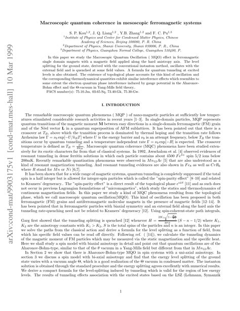 Pdf Macroscopic Quantum Coherence In Mesoscopic Ferromagnetic Systems