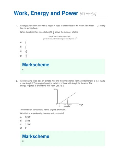 Work Energy And Power Markscheme Pdf Force Kinetic Energy