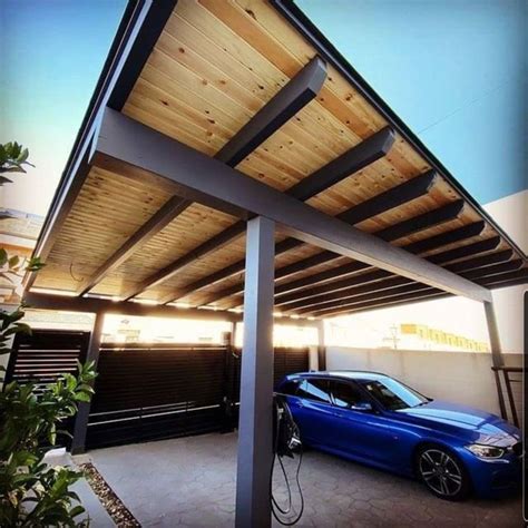 Carport Moderno Con Coche Azul Diseño Contemporáneo De Cochera Ideas