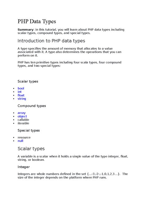 PHP Data Types NONE PHP Data Types Summary In This Tutorial You