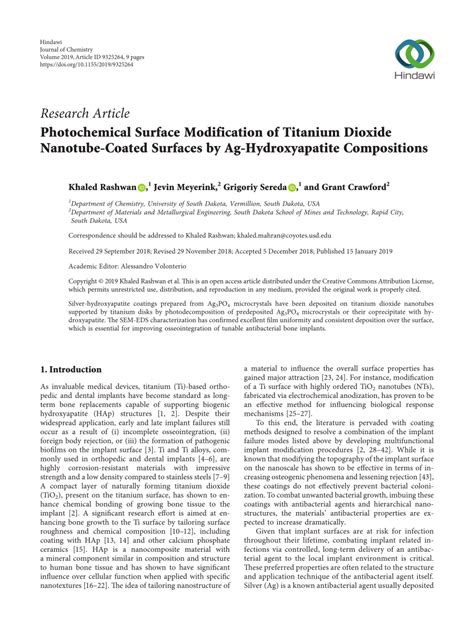 Pdf Photochemical Surface Modification Of Titanium Dioxide Nanotube