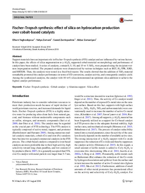 Pdf Fischer Tropsch Synthesis Effect Of Silica On Hydrocarbon Production Over Cobalt Based
