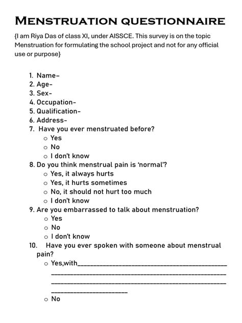 Menstruation Questionnaire Pdf Menstruation Human Reproduction