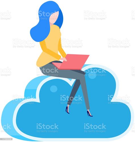여자는 데이터 저장 분야에서 직장에서 노트북으로 일합니다 원격 근무 프로그래밍 프리랜서 Usb 메모리에 대한 스톡 벡터 아트 및