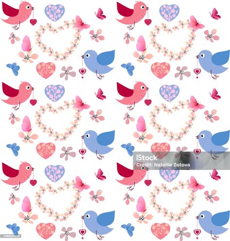 다양한 색상의 장식 하트 귀여운 벚꽃 새와 나비의 패턴으로 밝은 밝은 축제 배경 발렌타인 데이 생일 포장지 디자인 고풍스런에 대한 스톡 벡터 아트 및 기타 이미지 Istock